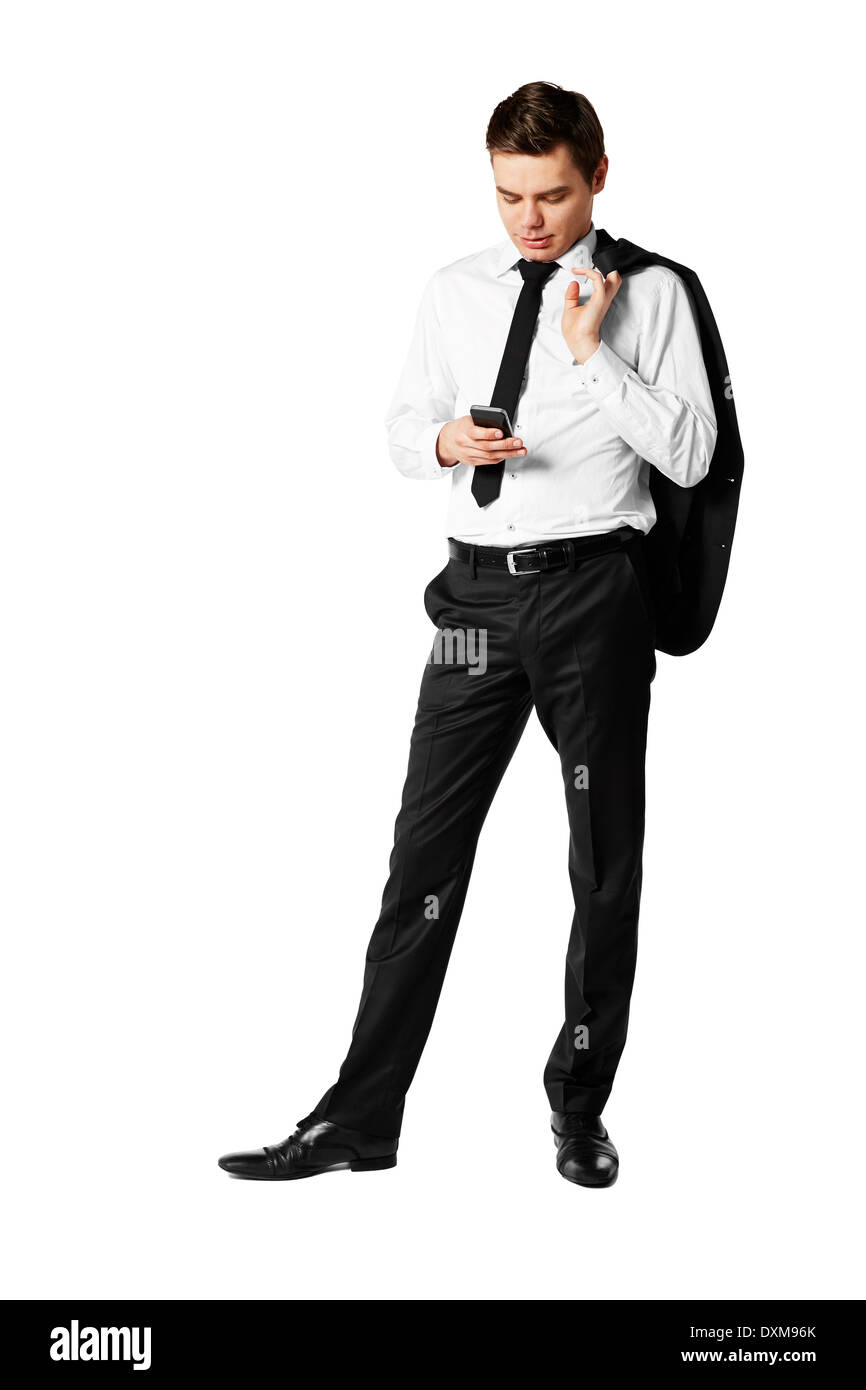 Man uses a mobile phone. Isolated on white background Stock Photo - Alamy