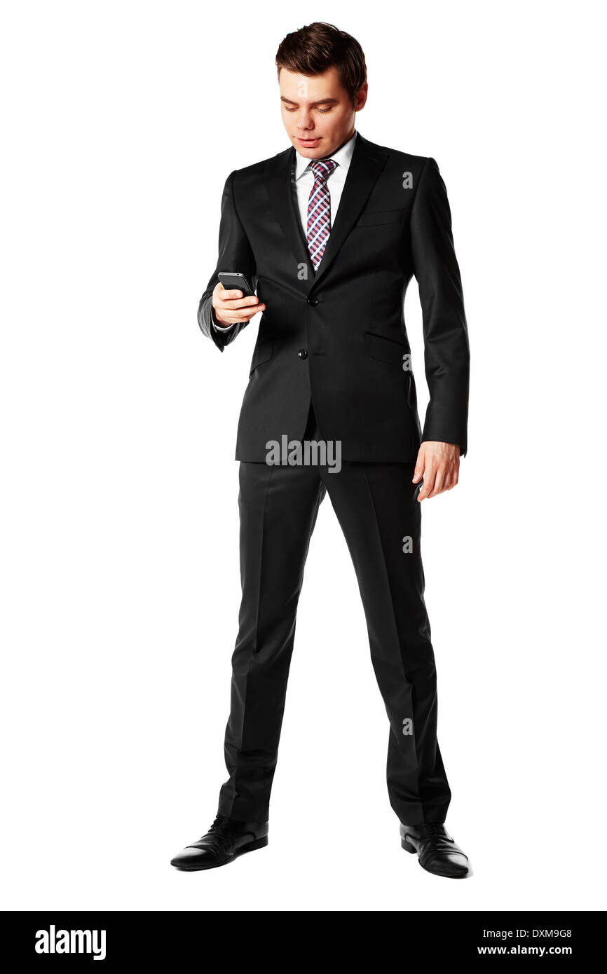 Man uses a mobile phone. Isolated on white background Stock Photo - Alamy