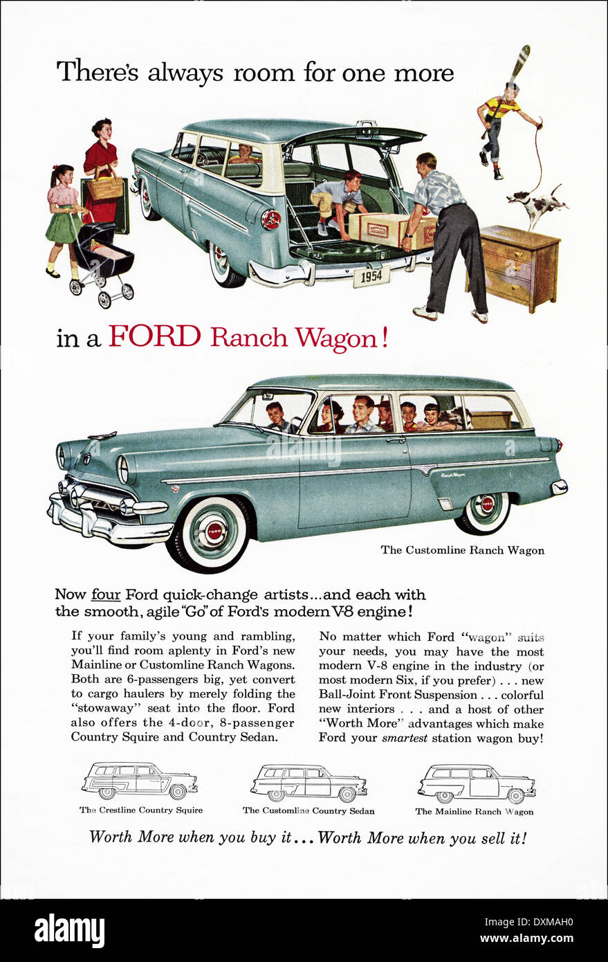 1950s advertisement for Ford Ranch Wagon estate car advert in American ...