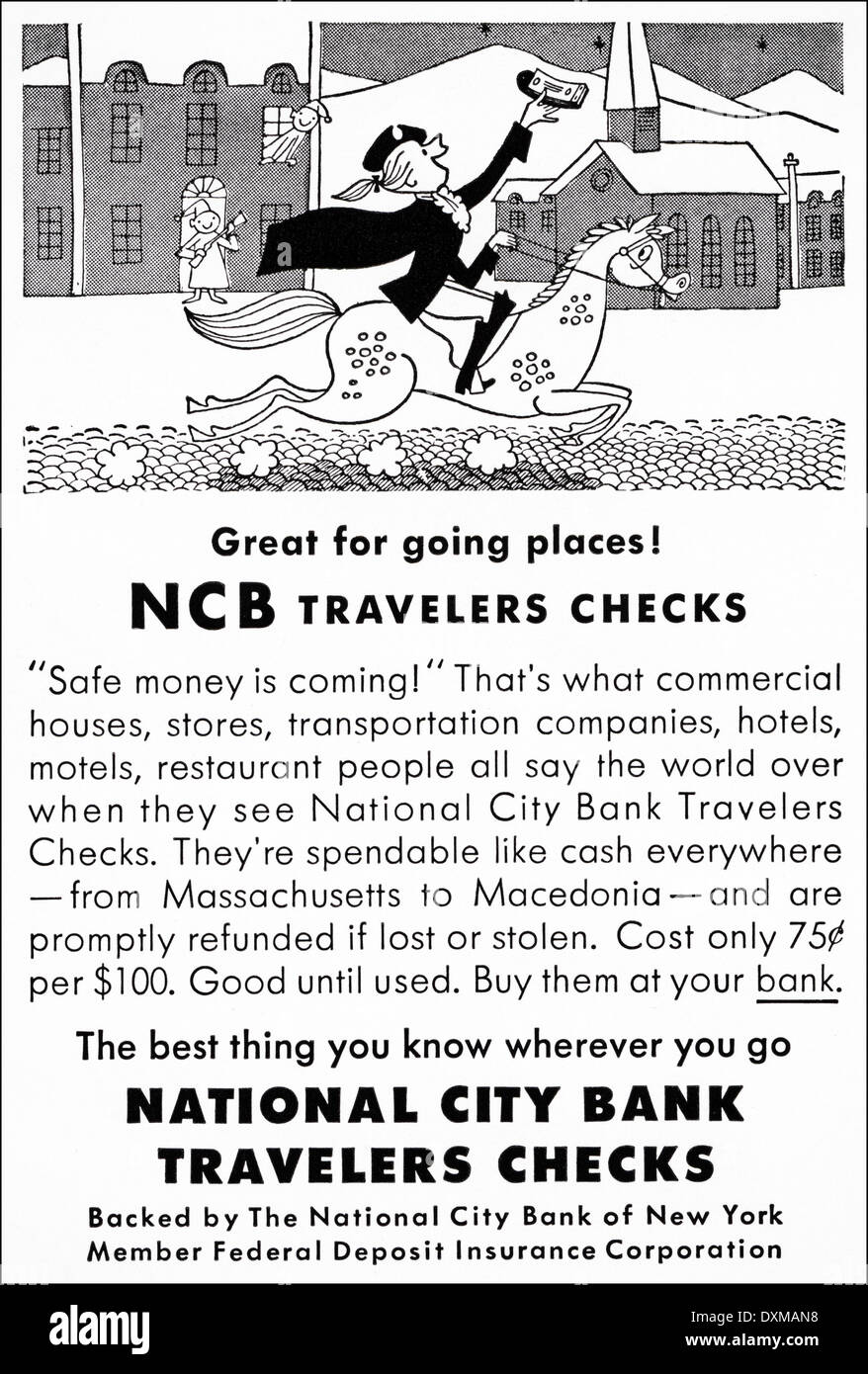 1950s advertisement for National City Bank Travelers Cheques advert in ...