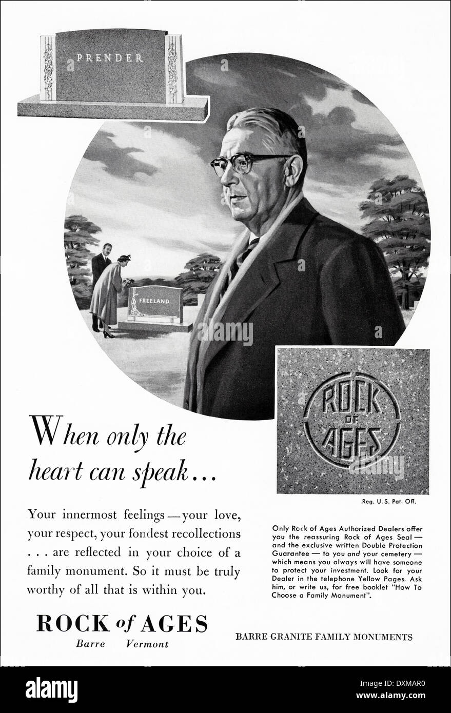 1950s advertisement for Rock of Ages Barre Granite Monuments advert in ...