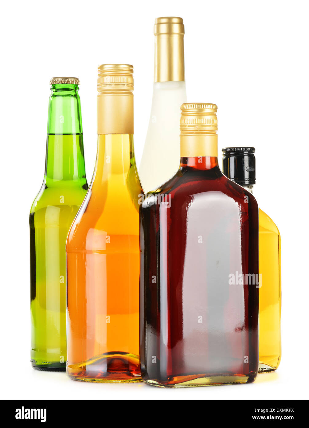 Bottles of assorted alcoholic beverages isolated on white background ...