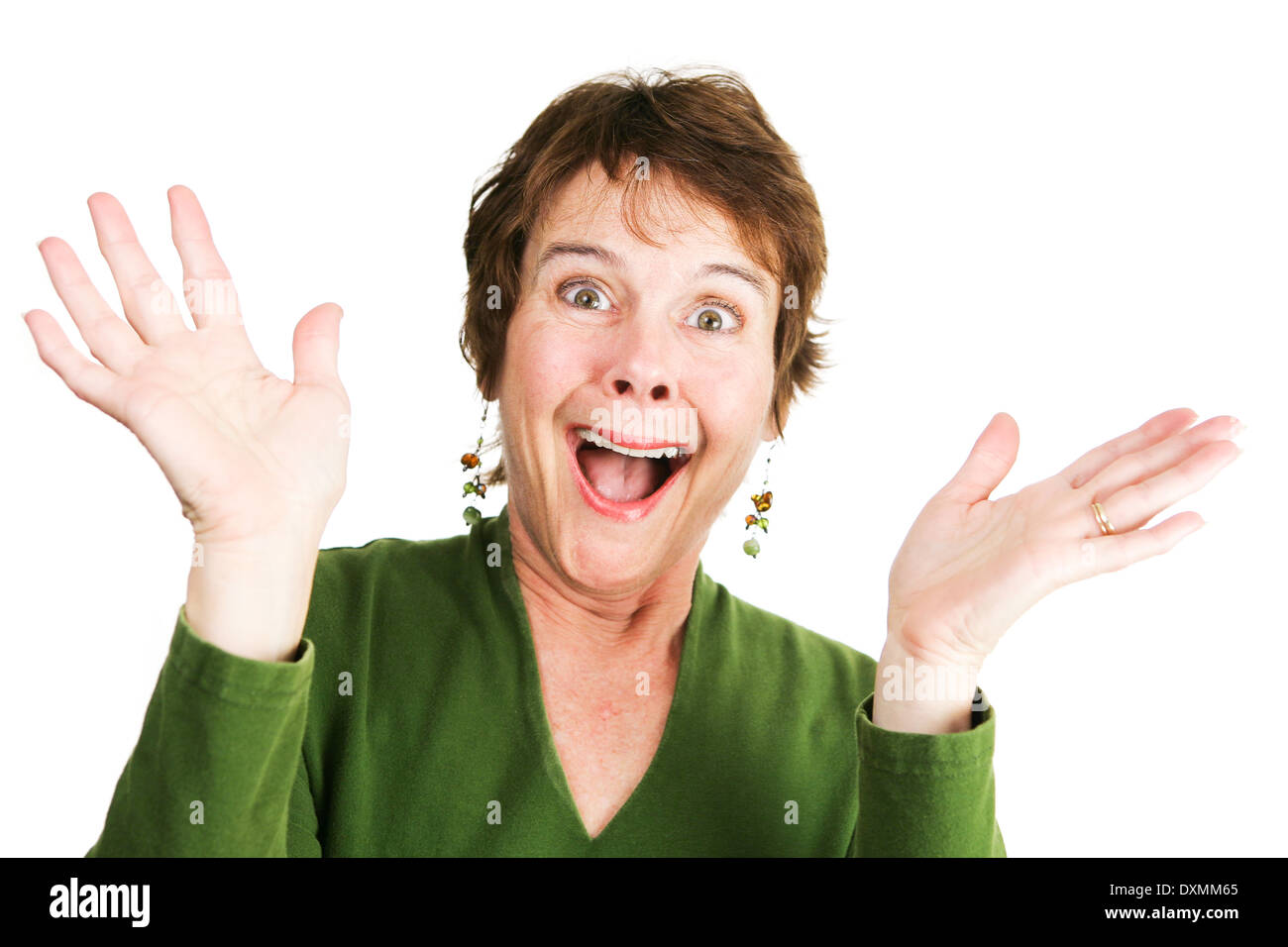 Humorous photo of a mature woman excited and overjoyed. Isolated on ...