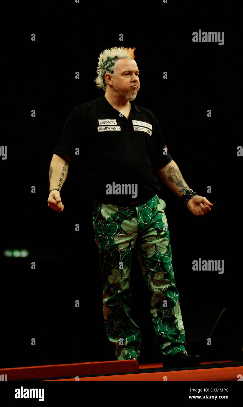 Dublin, Ireland. 27th Mar, 2014. Peter Wright action Michael Van Gerwen ...