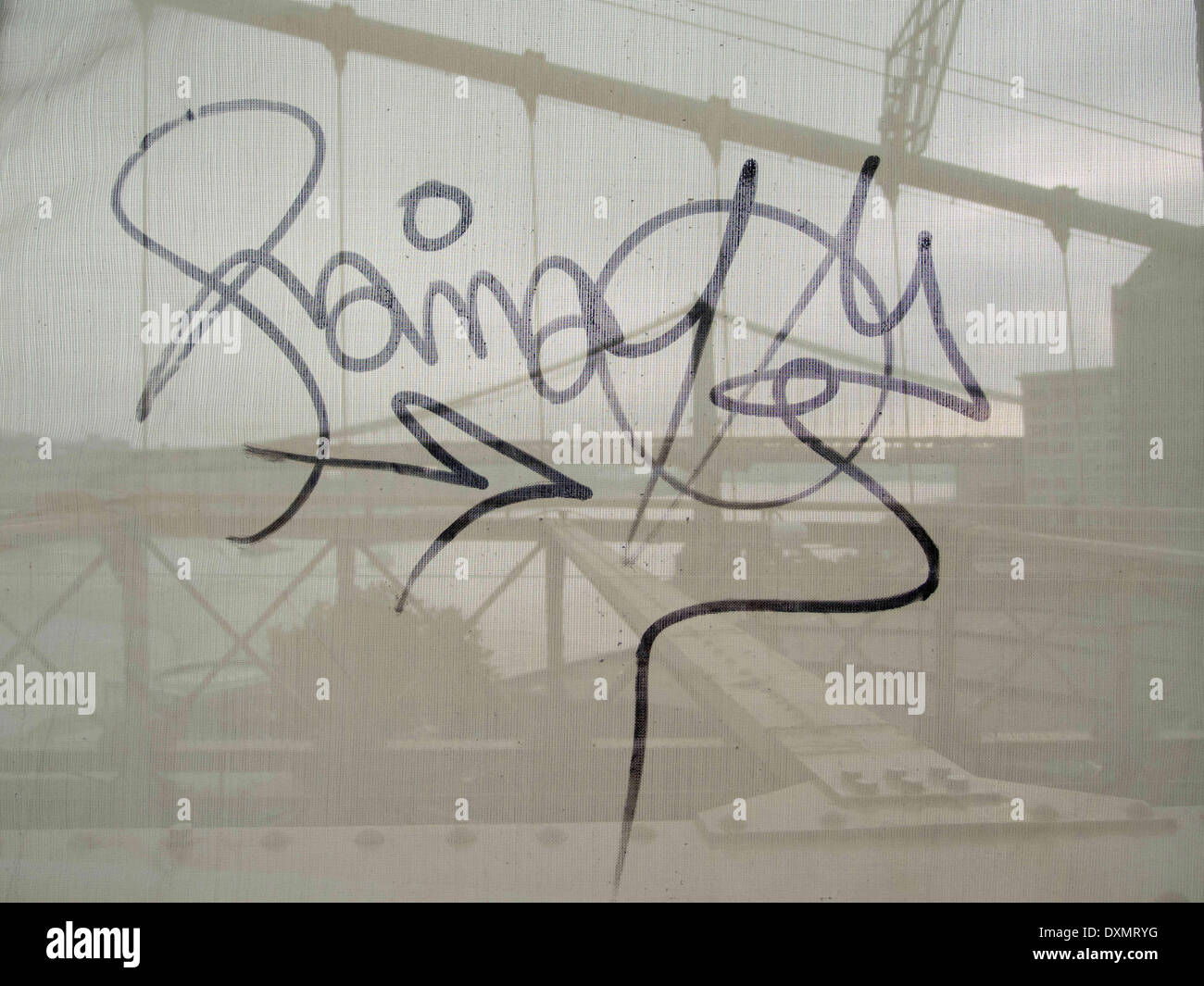 New York, New York, USA. 10th July, 2013. Steel cable, grafiti and ...