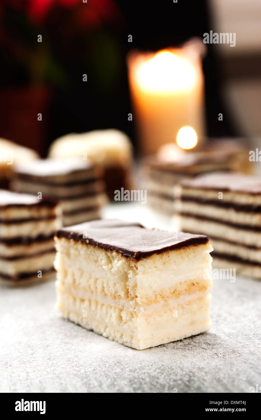 Various cake pieces of chocolate and vanilla filling Stock Photo - Alamy