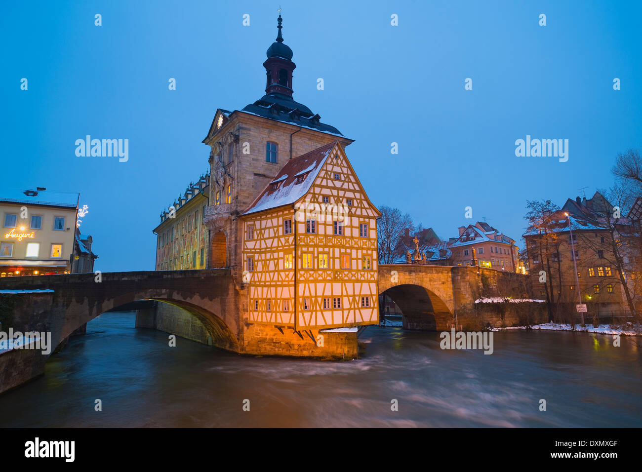 Bamberg Town Hall in the middle of the Regnitz River in Winter, Bamberg ...