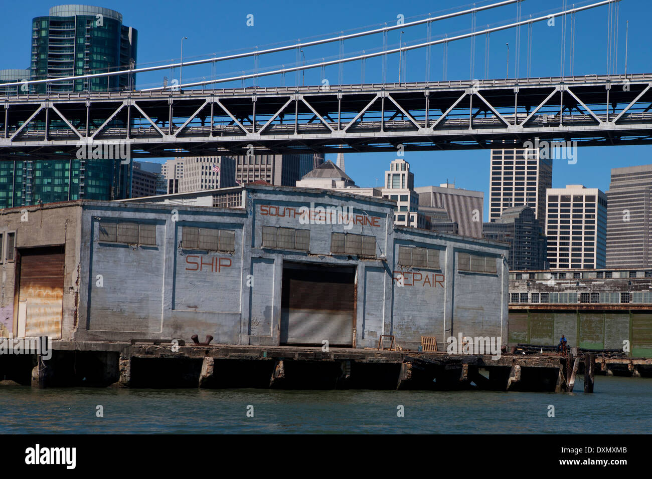 Southwest Marine Ship Repair building on pier in front of the Bay ...