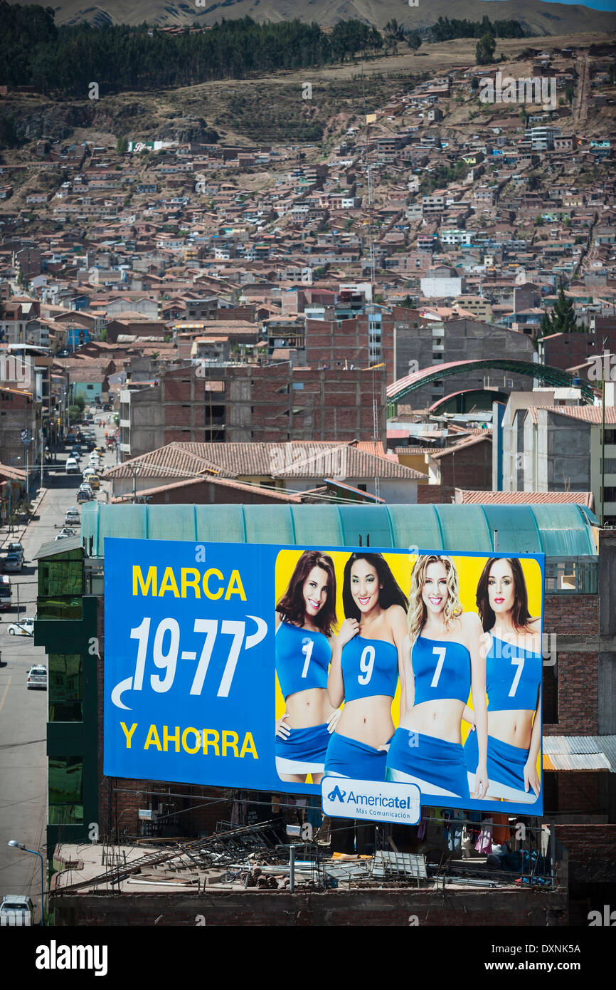 Peru, Cusco, Cityscape with advertisement poster Stock Photo - Alamy