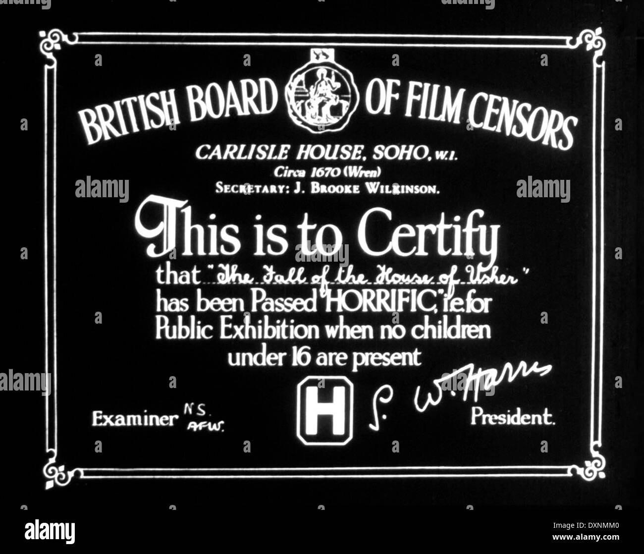 BRITISH CENSOR'S CERTIFICATE FOR THE FALL OF THE HOUSE OF US Stock ...