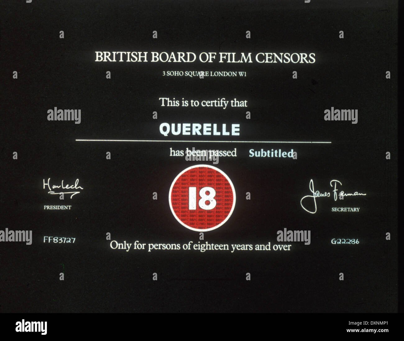 BRITISH 18 CERTIFICATE FOR 'QUERELLE' Stock Photo - Alamy