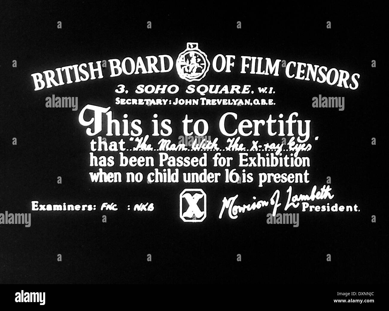A censor's certificate for THE MAN WITH THE X-RAY EYES Stock Photo - Alamy