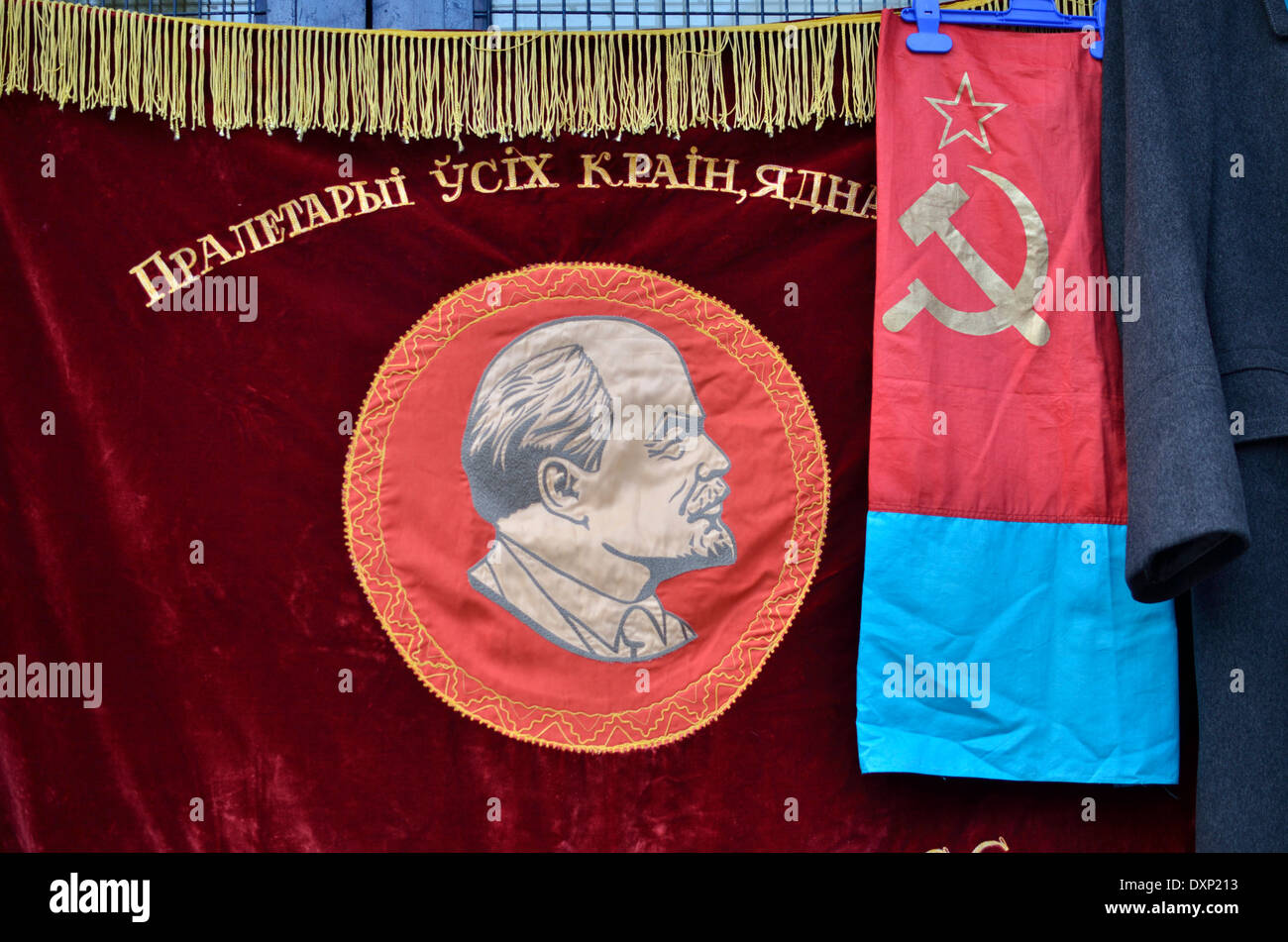 Soviet communist memorabilia on a market stall, in Portobello Road, Notting Hill, London, UK ...