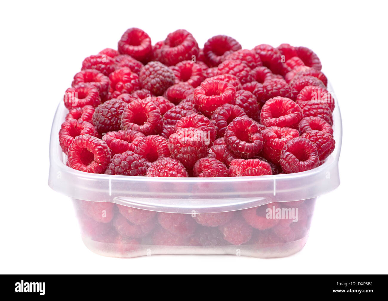 Raspberry in plastic box isolated on white background Stock Photo - Alamy