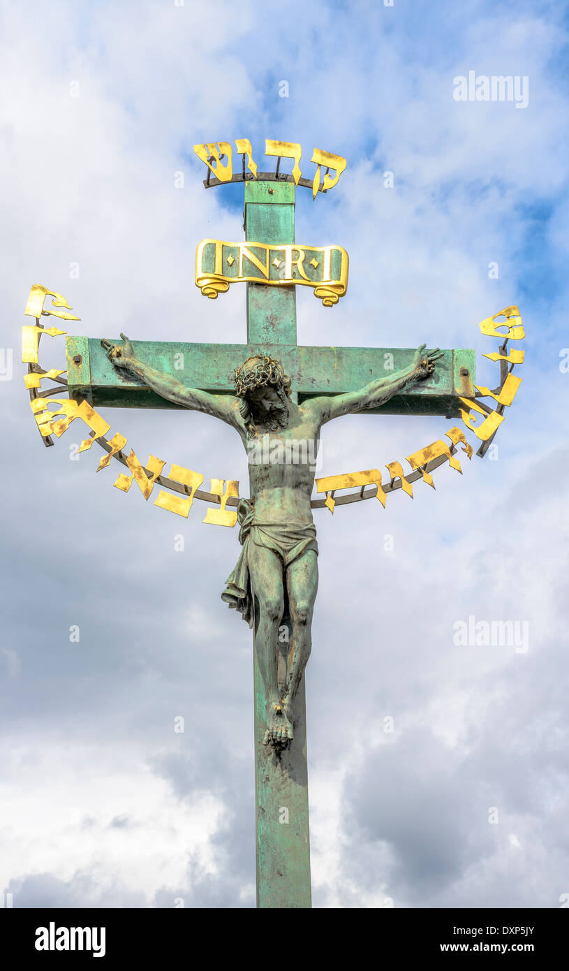 Jesus on the cross at Charles bridge, Prague, Czech republic Stock ...
