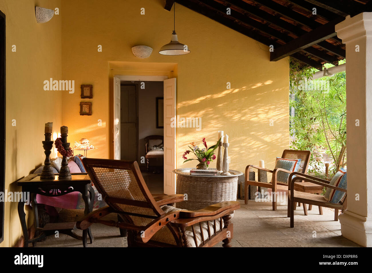 Outdoor seating on veranda of home in the Indian state of Goa Stock ...