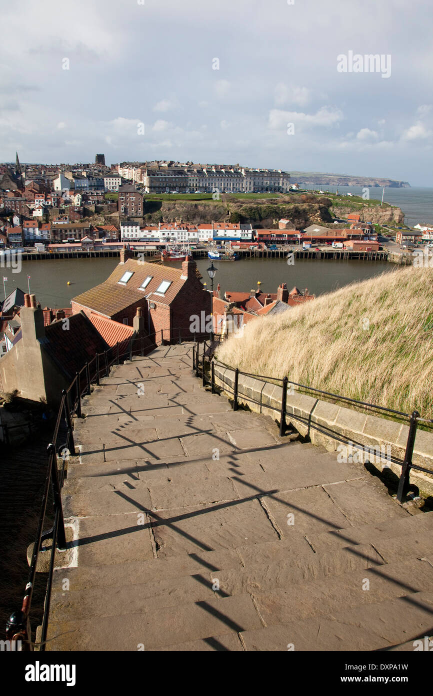 Whitby's 199 steps from Whitby Abbey to the harbor harbour below with ...