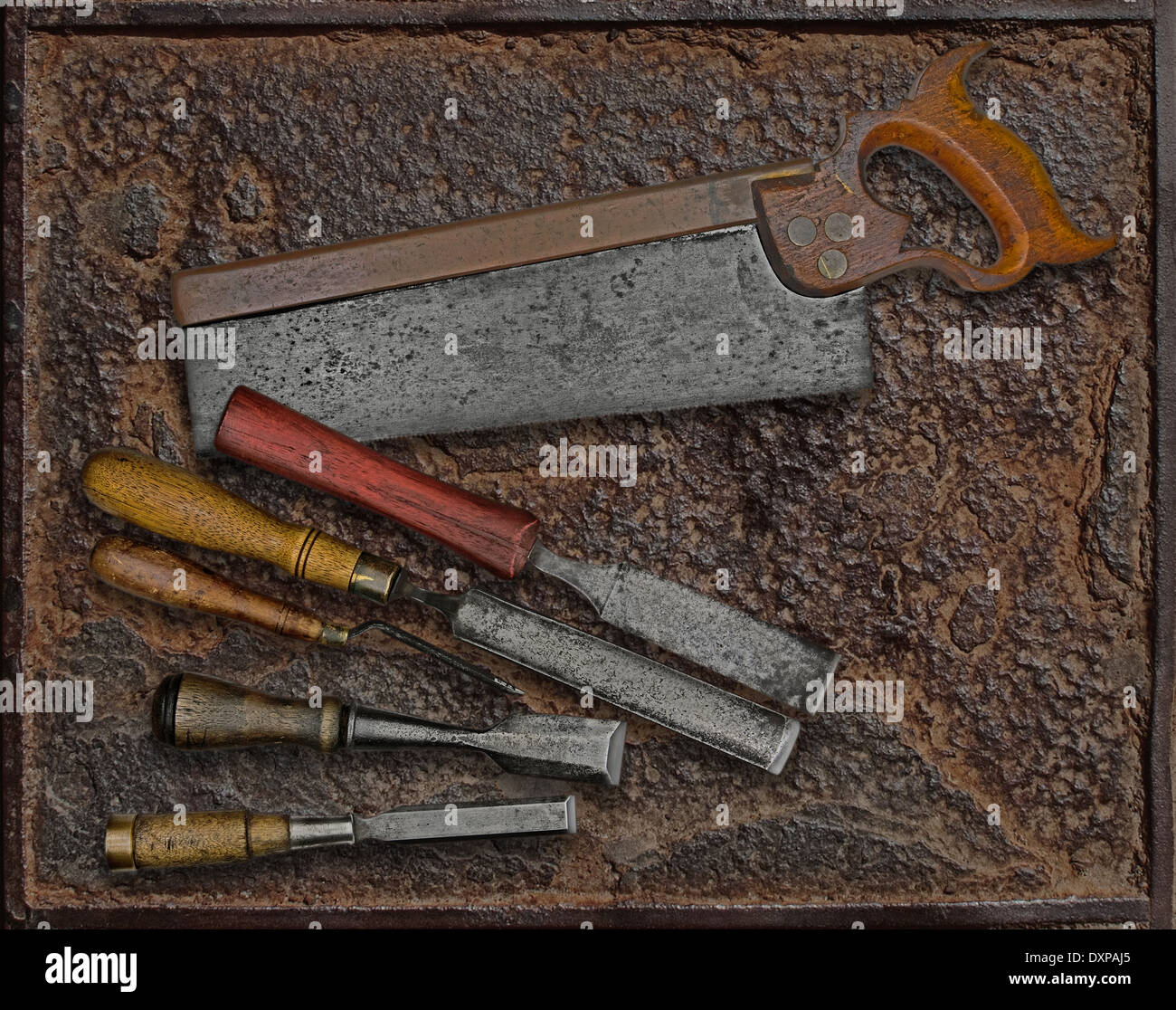 vintage woodworking tools over rusty industrial metal plate Stock Photo ...
