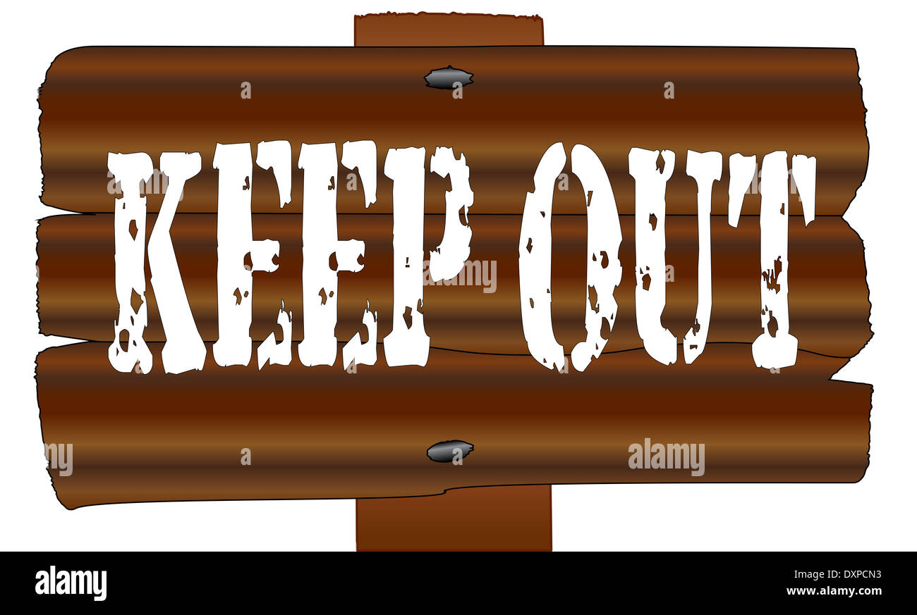 A wooden sign with the words KEEP OUT isolated over a white background ...