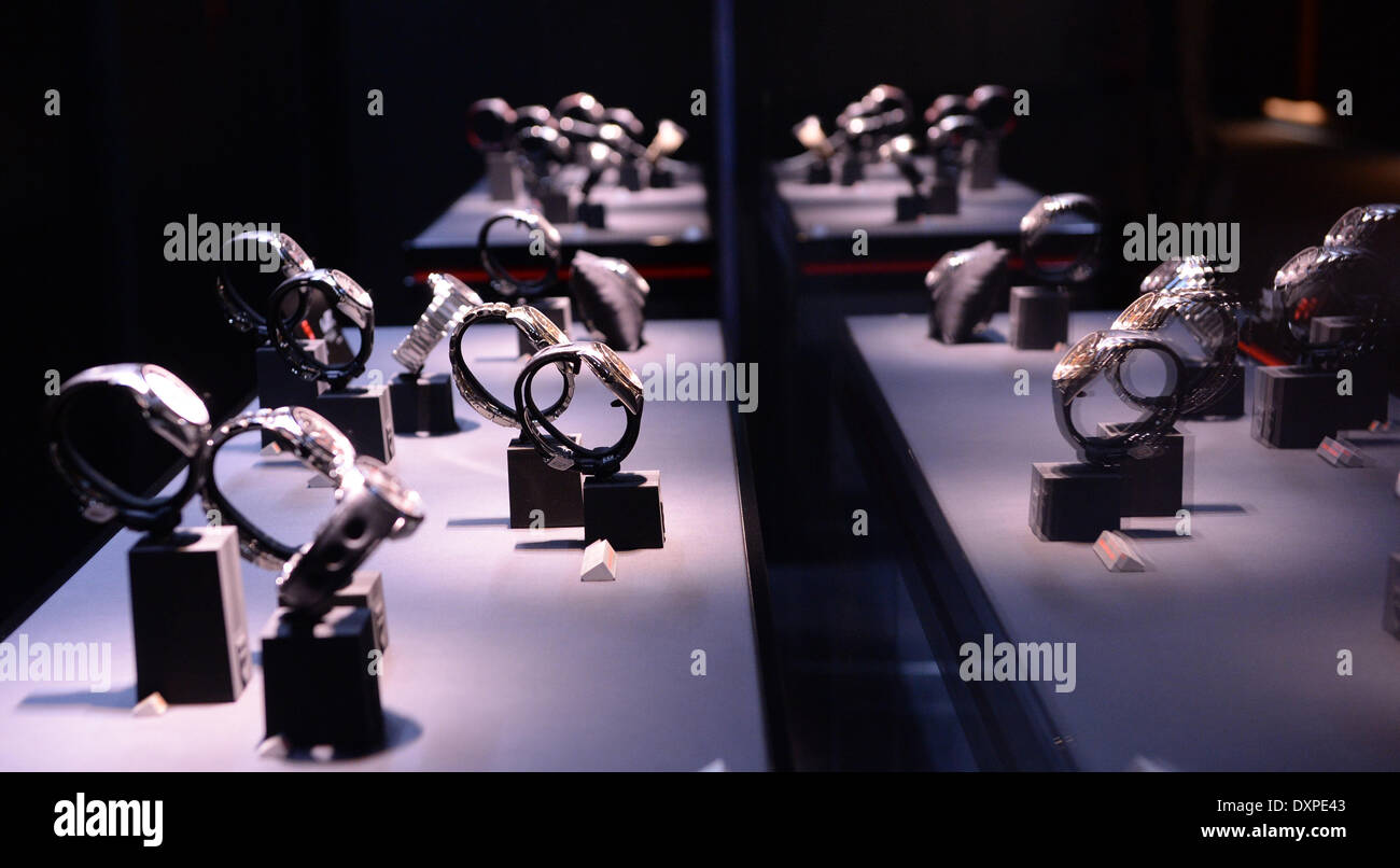 Basel, Switzerland. 28th Mar, 2014. A set of wrist watches of watch ...