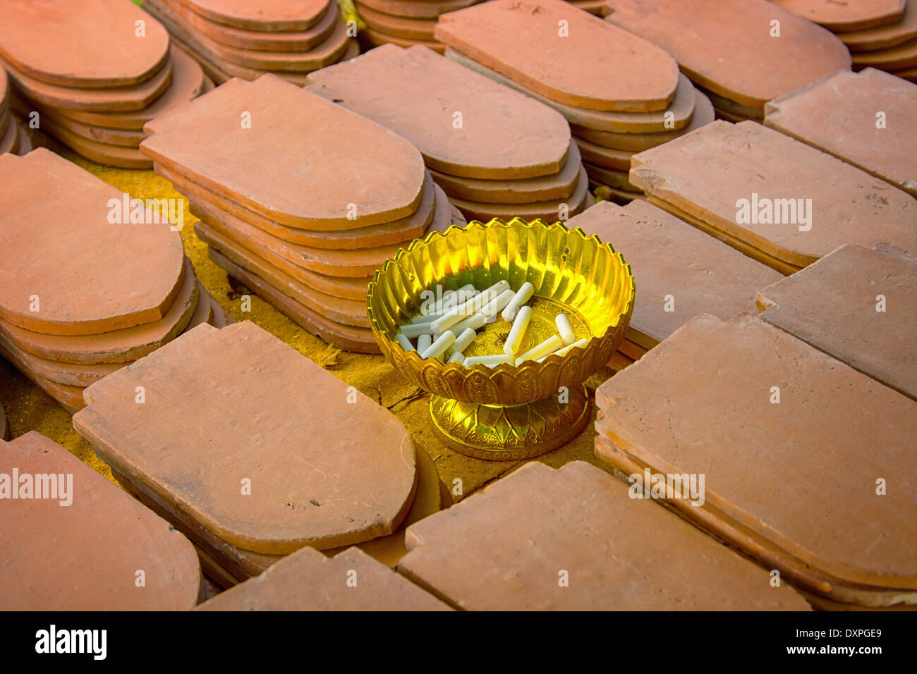 Clay tiles and chalk. On the tiling people write names Stock Photo - Alamy