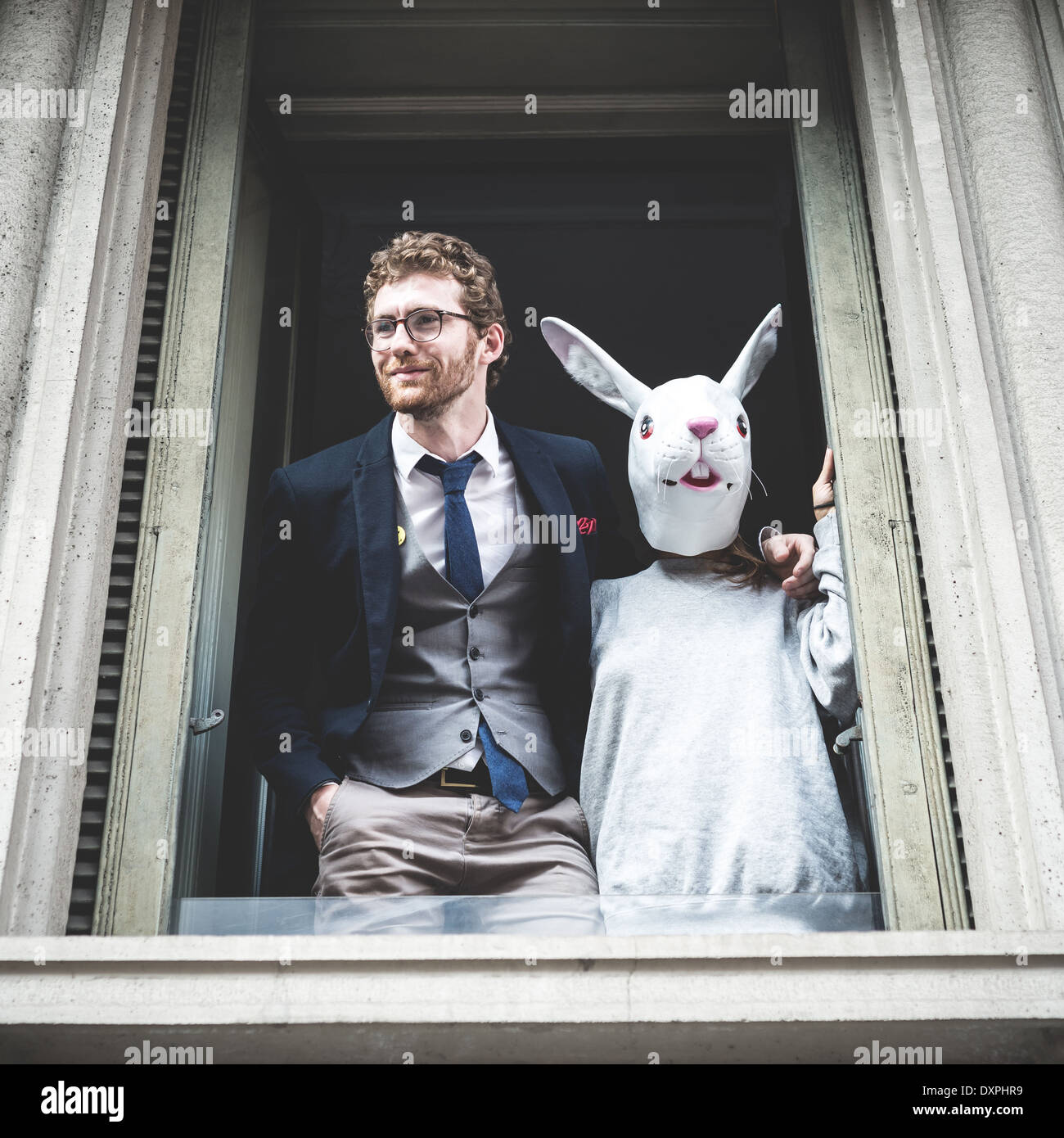 horse man with rabbit woman appeared at the window Stock Photo - Alamy