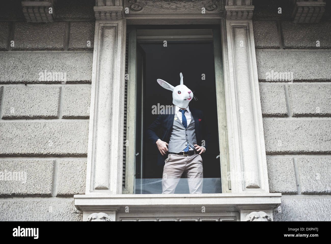 rabbit mask man appeared at the window in the city Stock Photo - Alamy