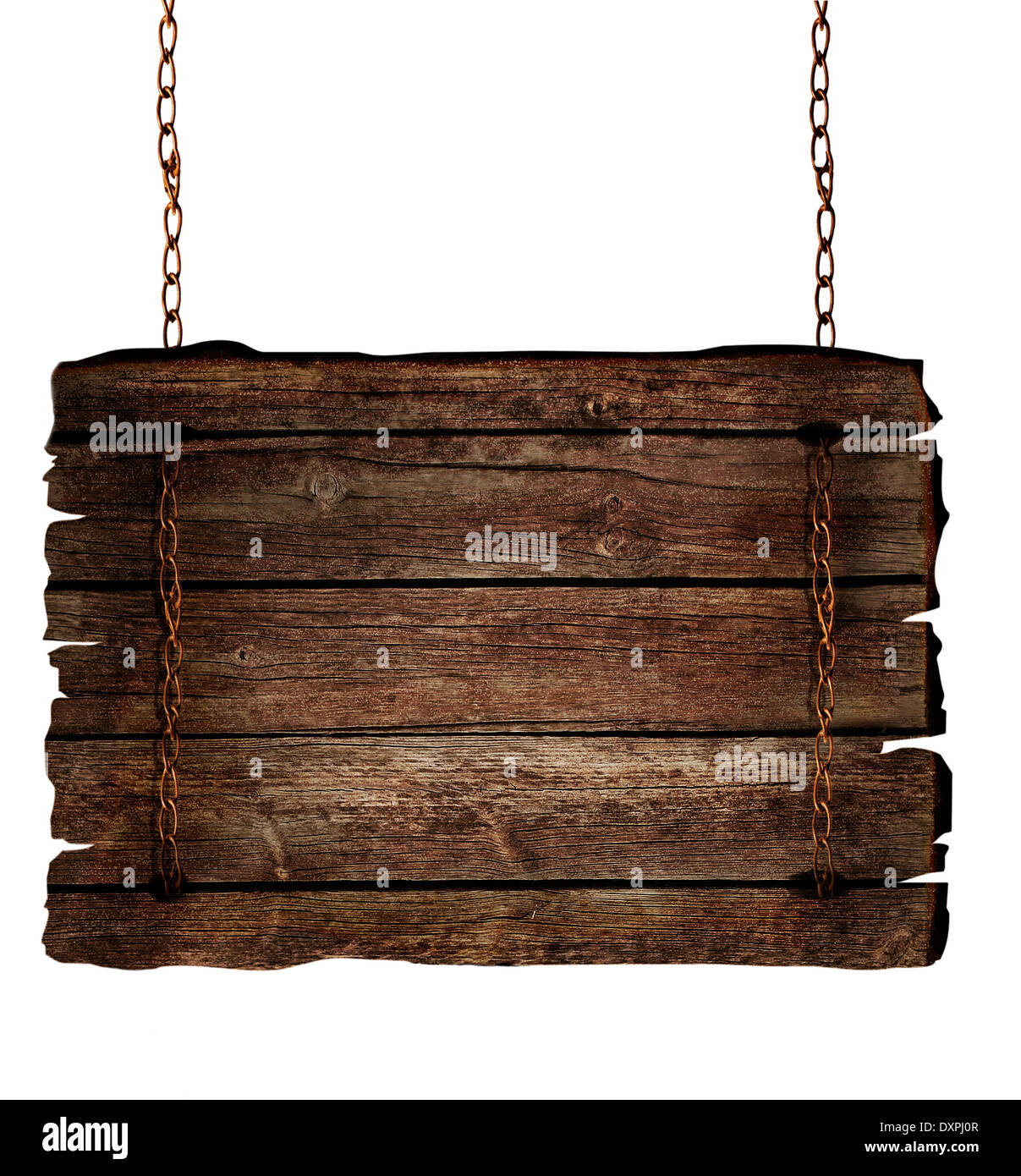 Wooden sign hanging on chains isolated on white Stock Photo - Alamy
