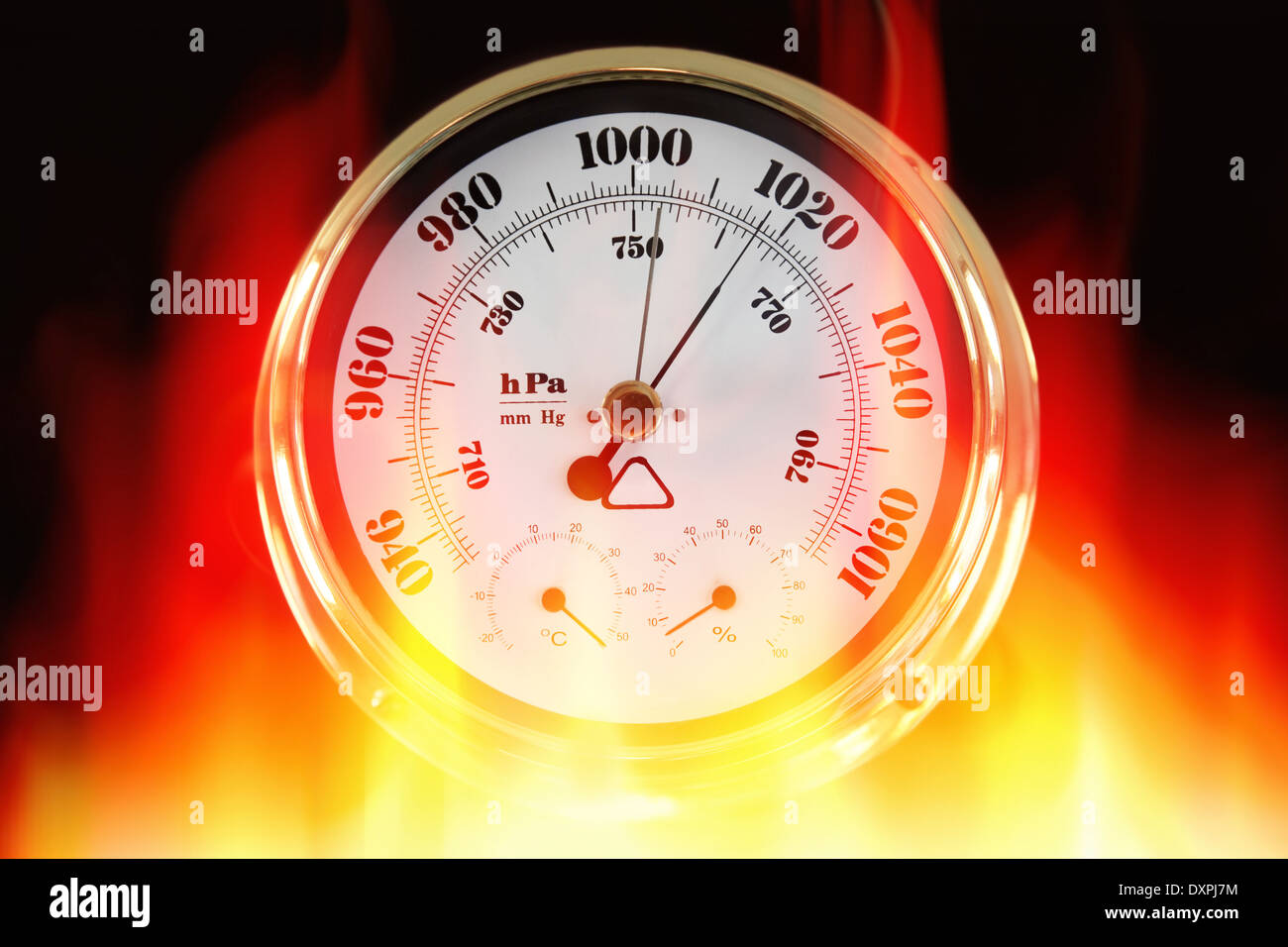 Barometer indicating very dry conditions on a black background Stock ...