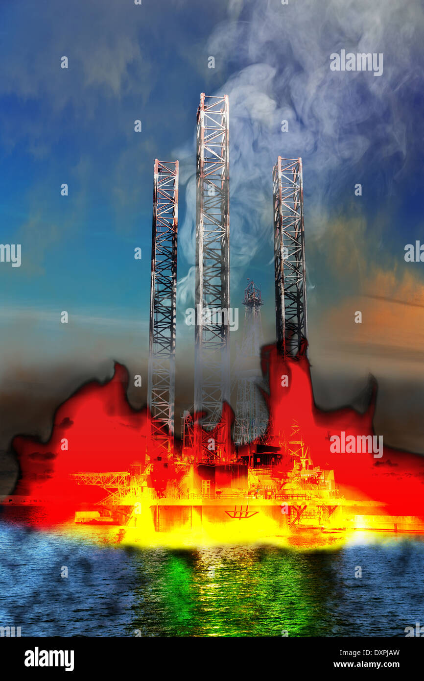 Burning Oil Rig on the sea - abstract view Stock Photo - Alamy