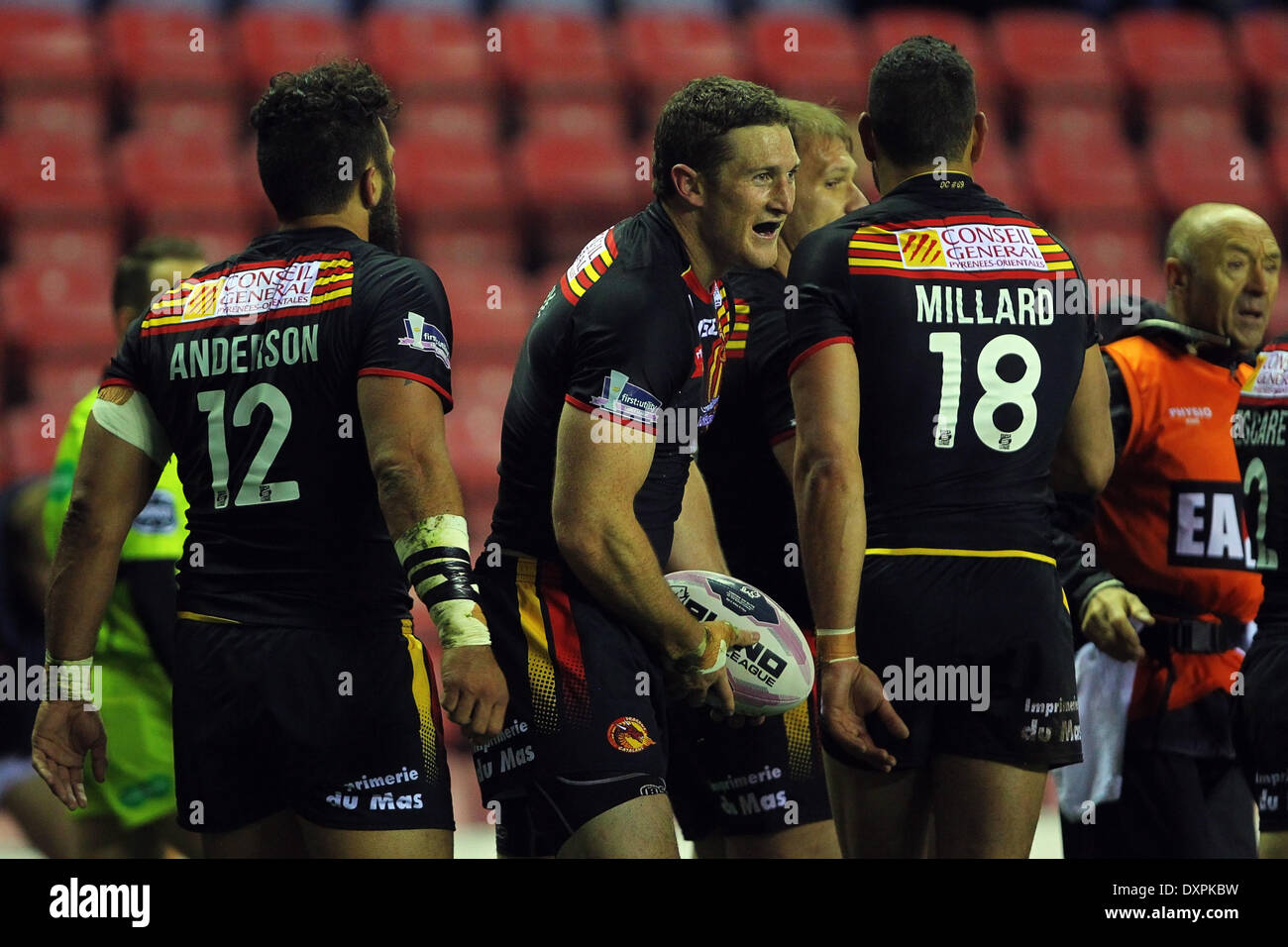 Wigan, UK. 28th Mar, 2014. Ben Pomeroy of Catalans Dragons celebrates ...