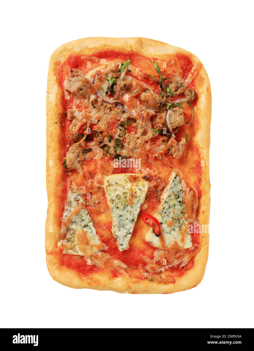 Rectangular pizza topped with blue cheese and tuna Stock Photo - Alamy