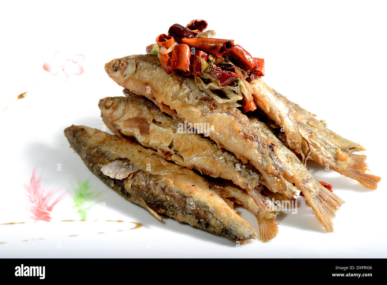 Chinese Food: Fried Small Fish with Pepper on a white plate Stock Photo ...