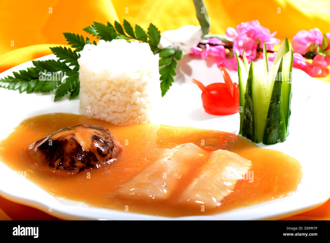 Chinese Food:Fish fillet with Rice on a white plate Stock Photo - Alamy