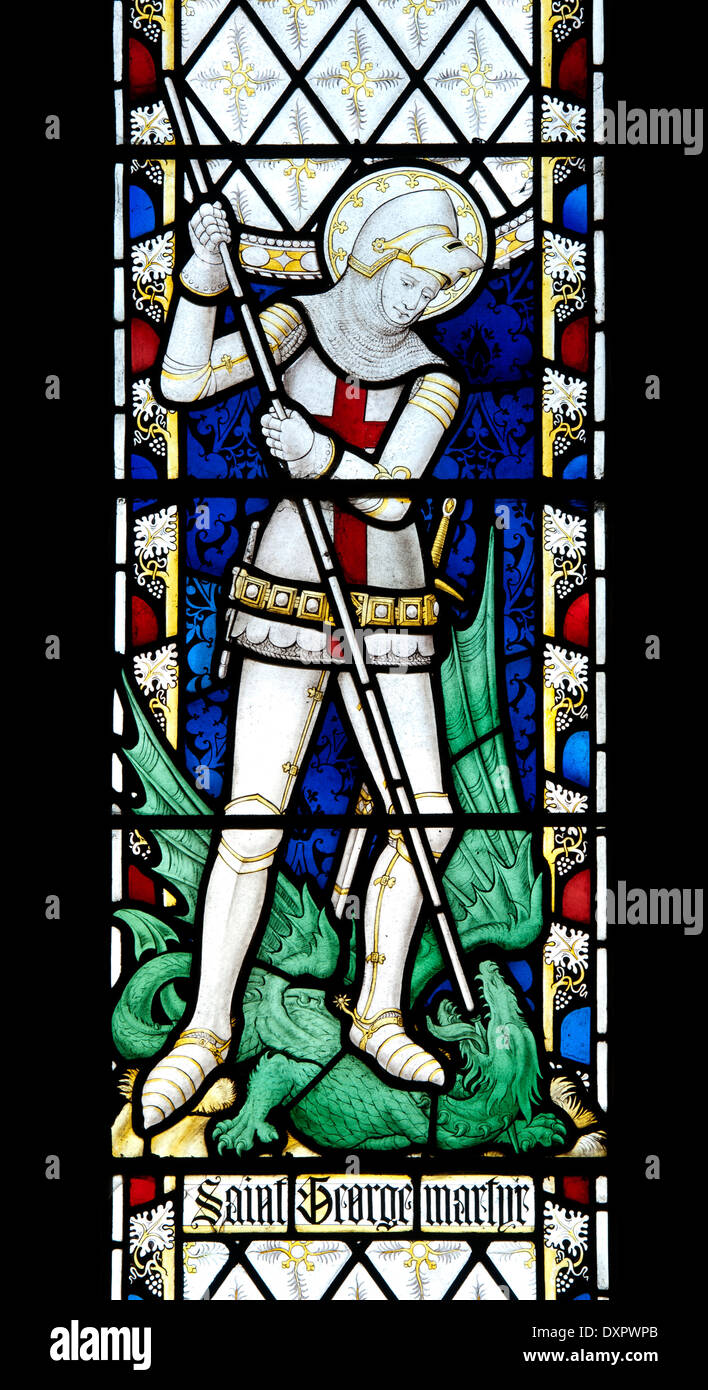Saint George slaying the dragon stained glass, All Saints Church, Earls ...
