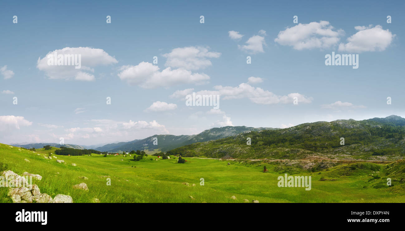 panoramic view of nice green hill on blue sky background Stock Photo ...