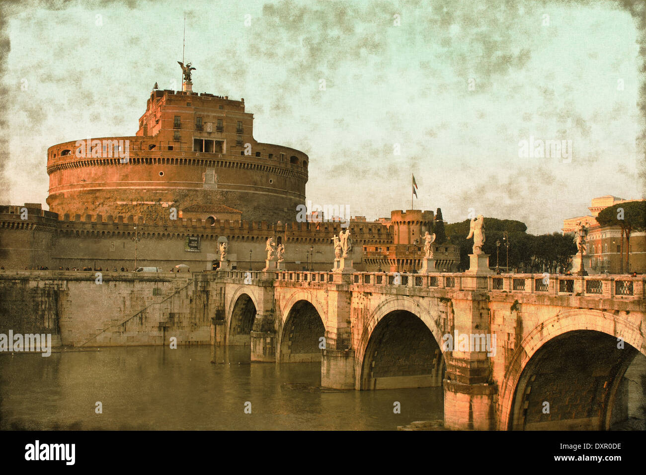 Vintage image of the Saint Angel Castle and the Angels bridge in Rome ...