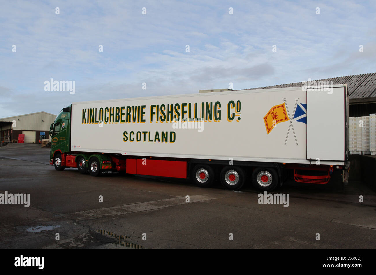 Refrigerated lorry at fish handling depot Kinlochbervie Scotland March ...