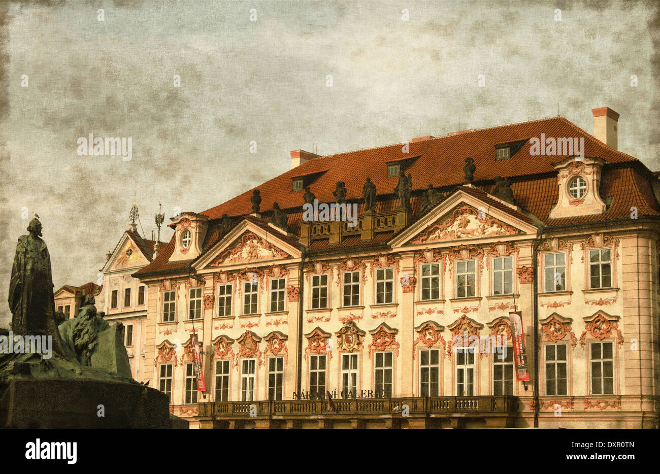 Vintage image of Kinsky Palace and the Jan Hus Monument in Prague, Czech Republic Stock Photo ...