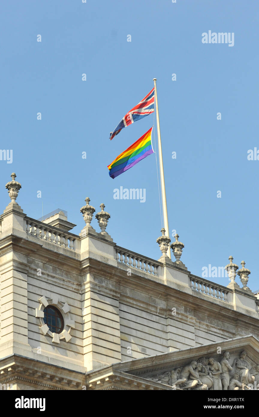 Whitehall, London, UK. 29th March 2014. The Rainbow flag flies with the ...