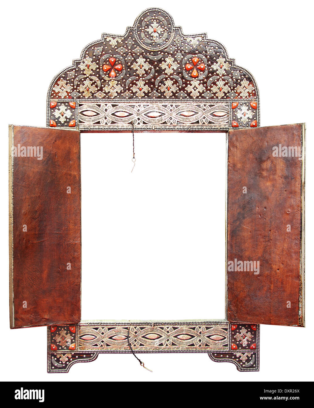 Antique Moroccan mirror frame made of silver and leather, isolated on ...