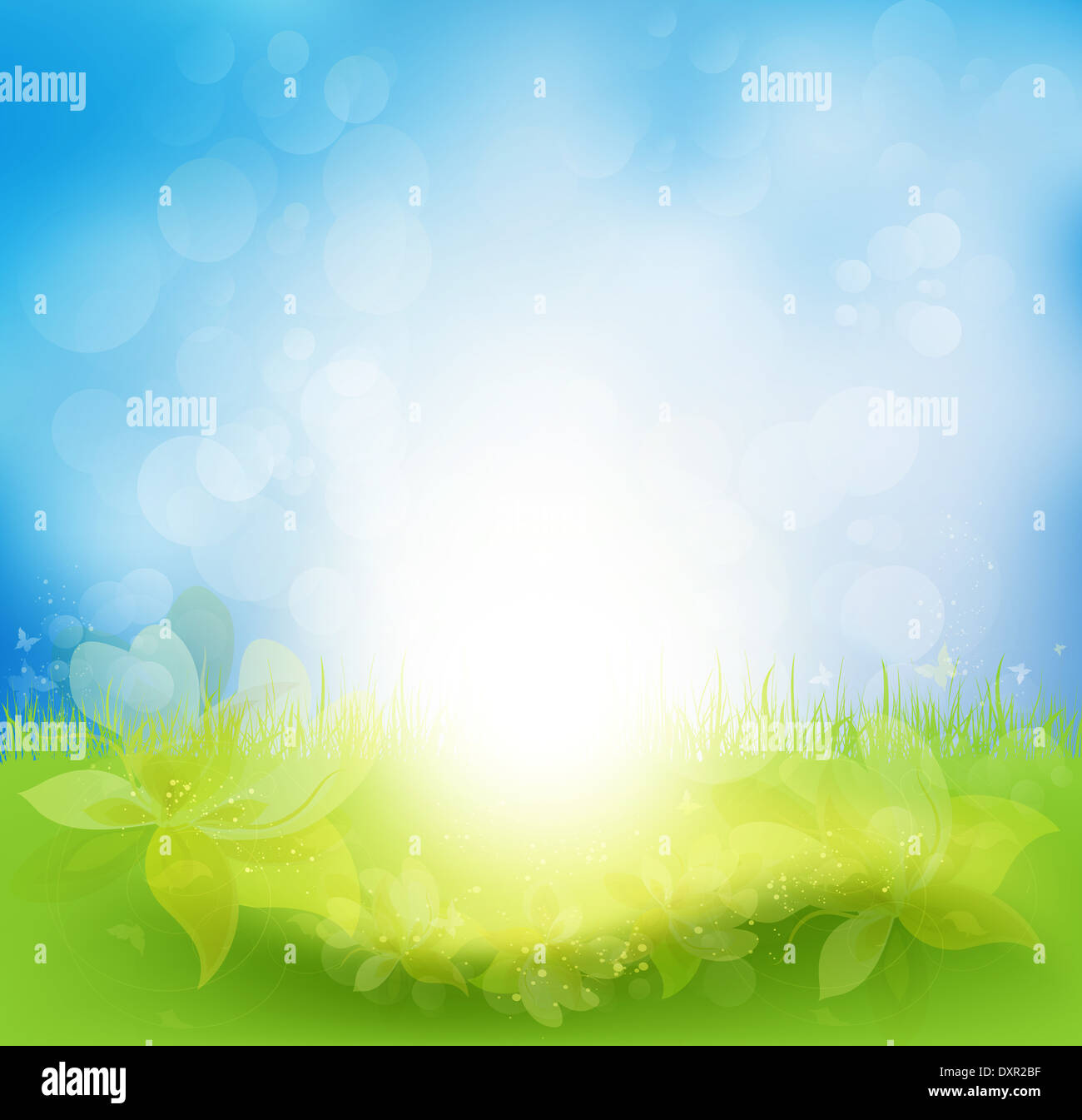 Spring Background With Flower, Sun Rays And Butterflies Stock Photo - Alamy