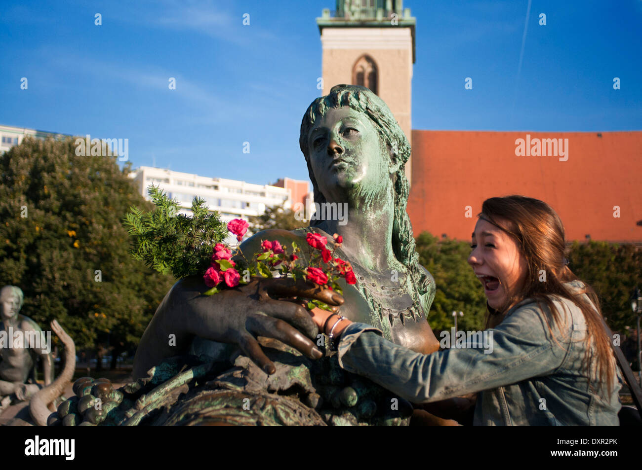 Neptunbrunnen Fountain, Marienkirche Church in the back, Alexanderplatz ...