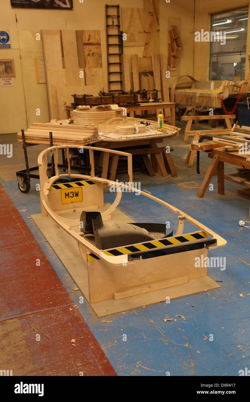 Morgan Motor Car factory showing the ash frame of a 3 wheeler car. Shot ...