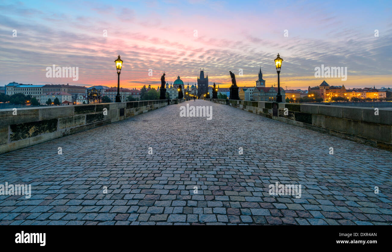 Charles Brdige in Prague at Sunrise with beautiful intense golden hour ...