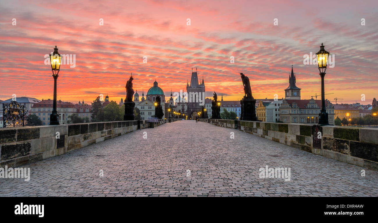 Charles Brdige in Prague at Sunrise with beautiful intense golden hour ...
