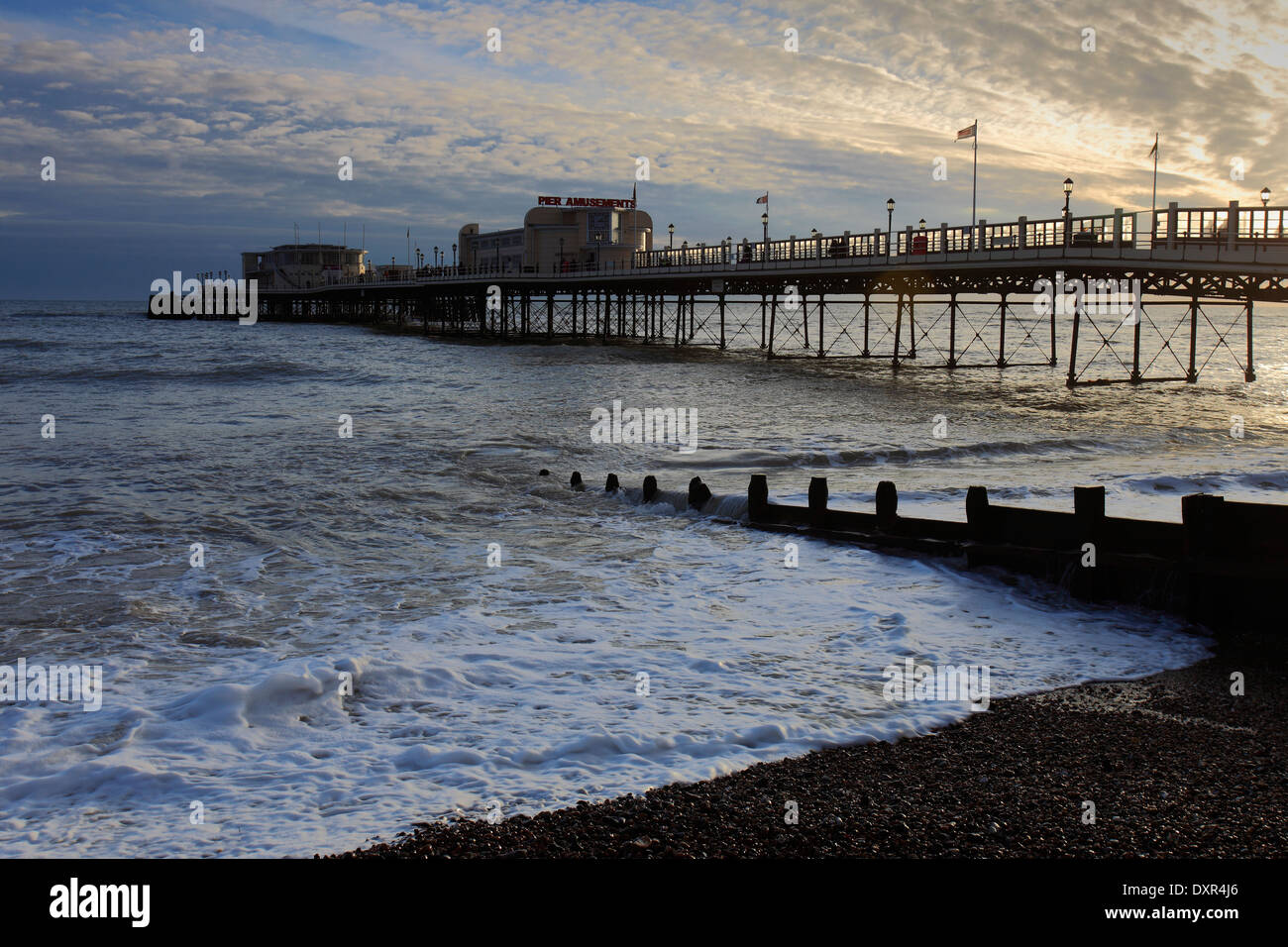 Sunset over the Victorian Pier, Worthing town, West Sussex County ...