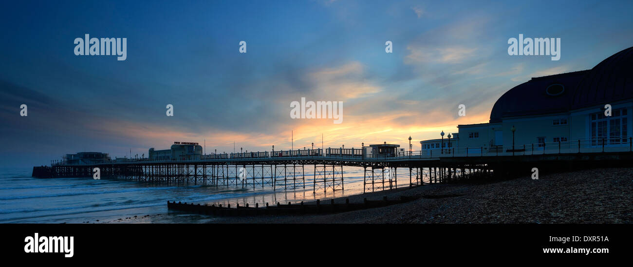 Sunset over the Victorian Pier, Worthing town, West Sussex County ...