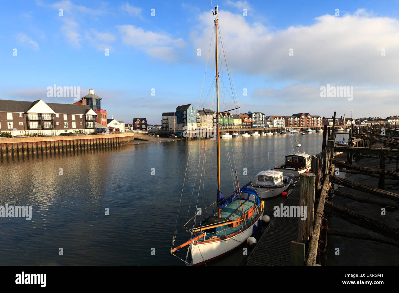 Boats moored in Littlehampton harbour, West Sussex County, England, UK ...