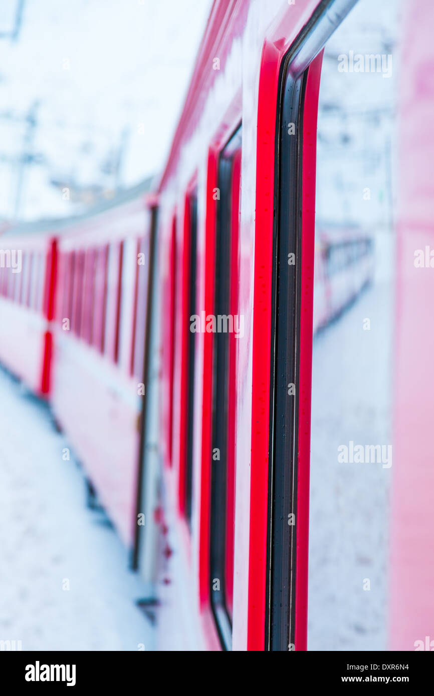 The famous Bernina red train, Unesco monument, in the middle of a ...
